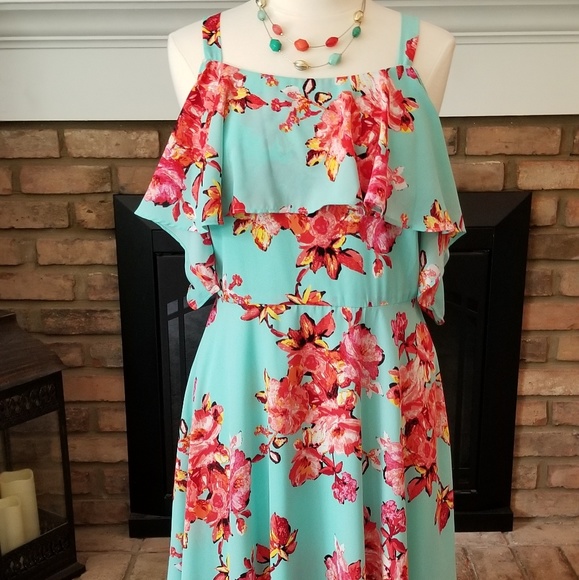 Leslie Fay | Dresses | Leslie Fay Popover Cold Shoulder Floral Mint 2 ...